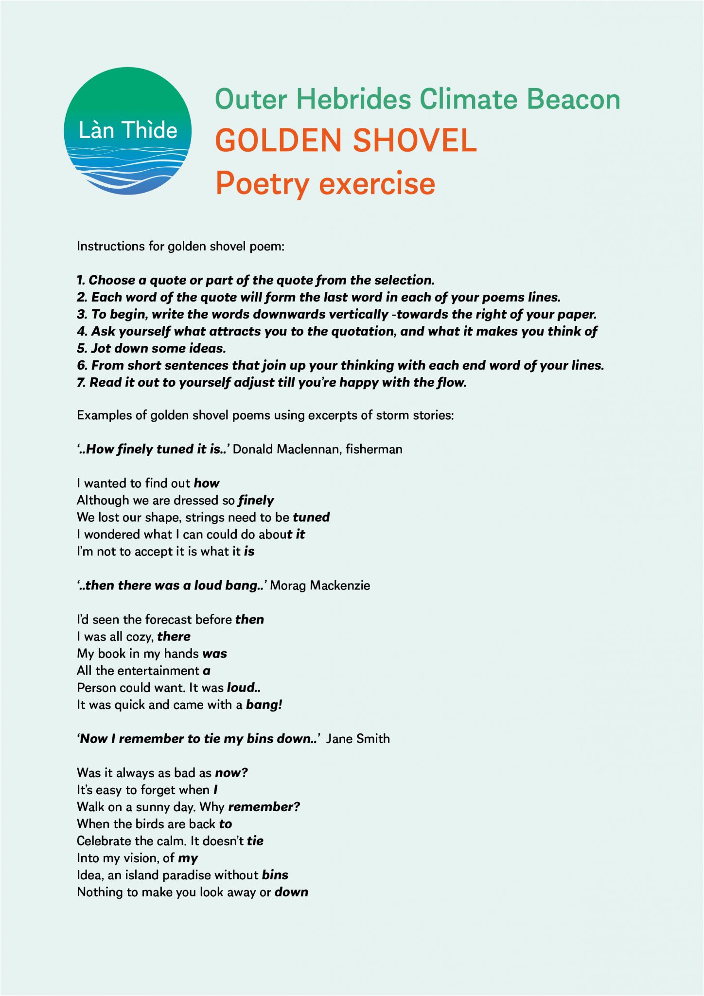 Golden Shovel Poetry Exercise | Làn Thìde